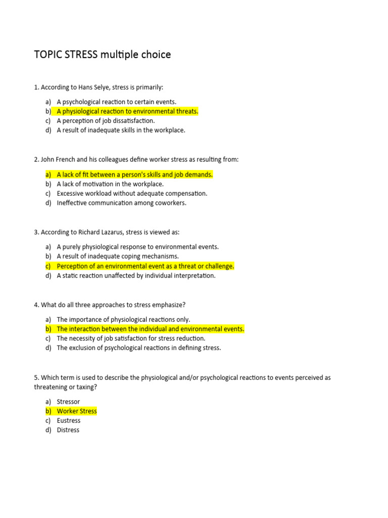 TOPIC STRESS Multiple Choice | PDF | Occupational Stress | Stress (Biology)