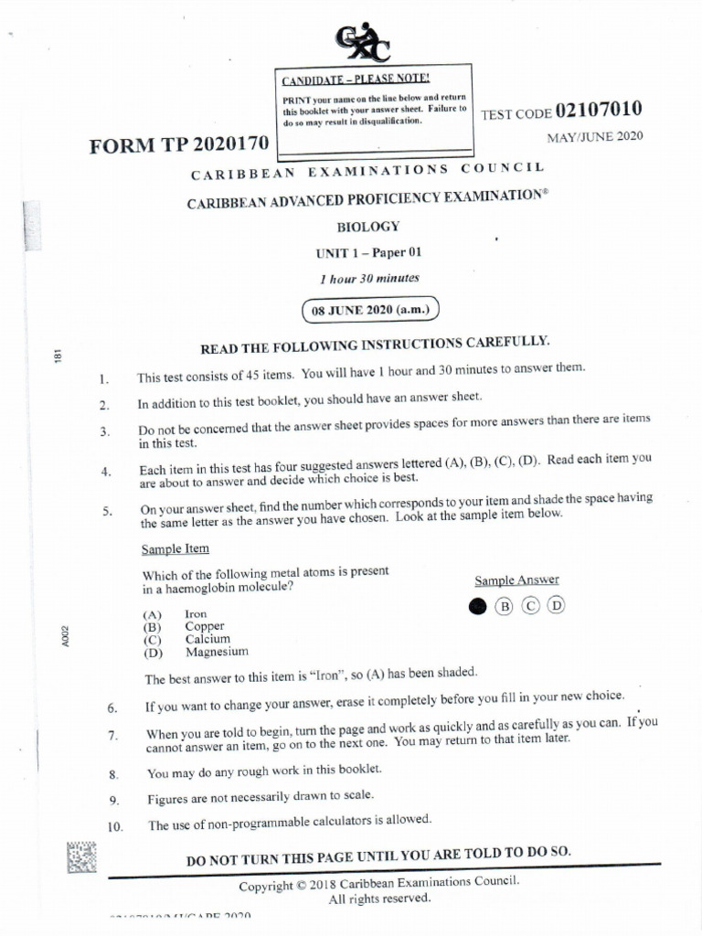 CAPE Biology U1 P1 2020 | PDF