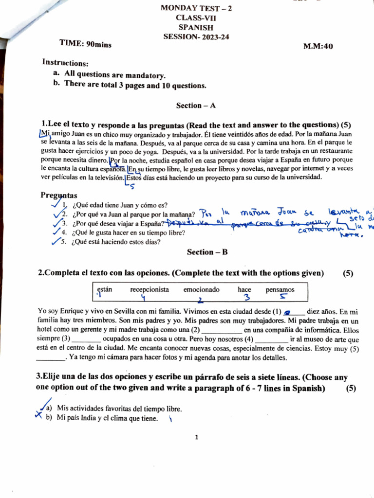 Spanish Monday Test 4. (Question Paper) | PDF