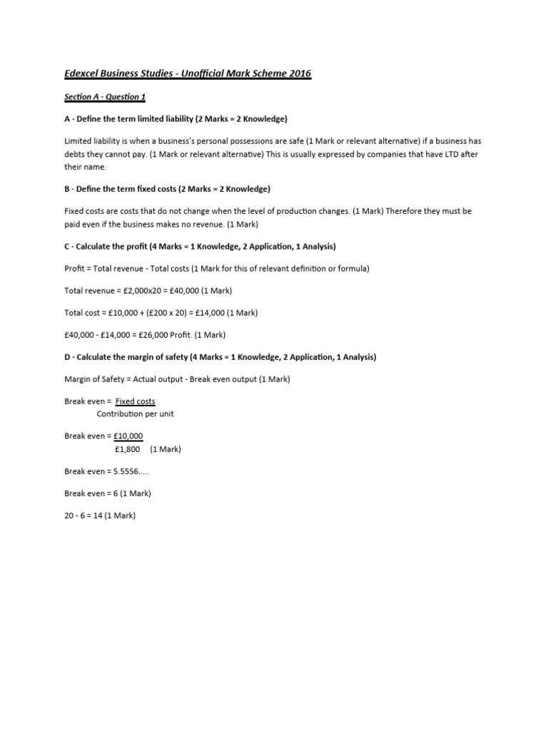 Edexcel Business Studies Theme 2 - May 25th 2016 Unoffical Mark Scheme ...