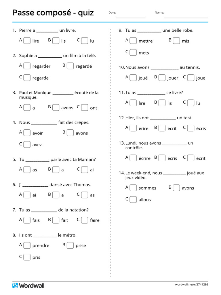 Passe Composé Quiz Quiz | PDF