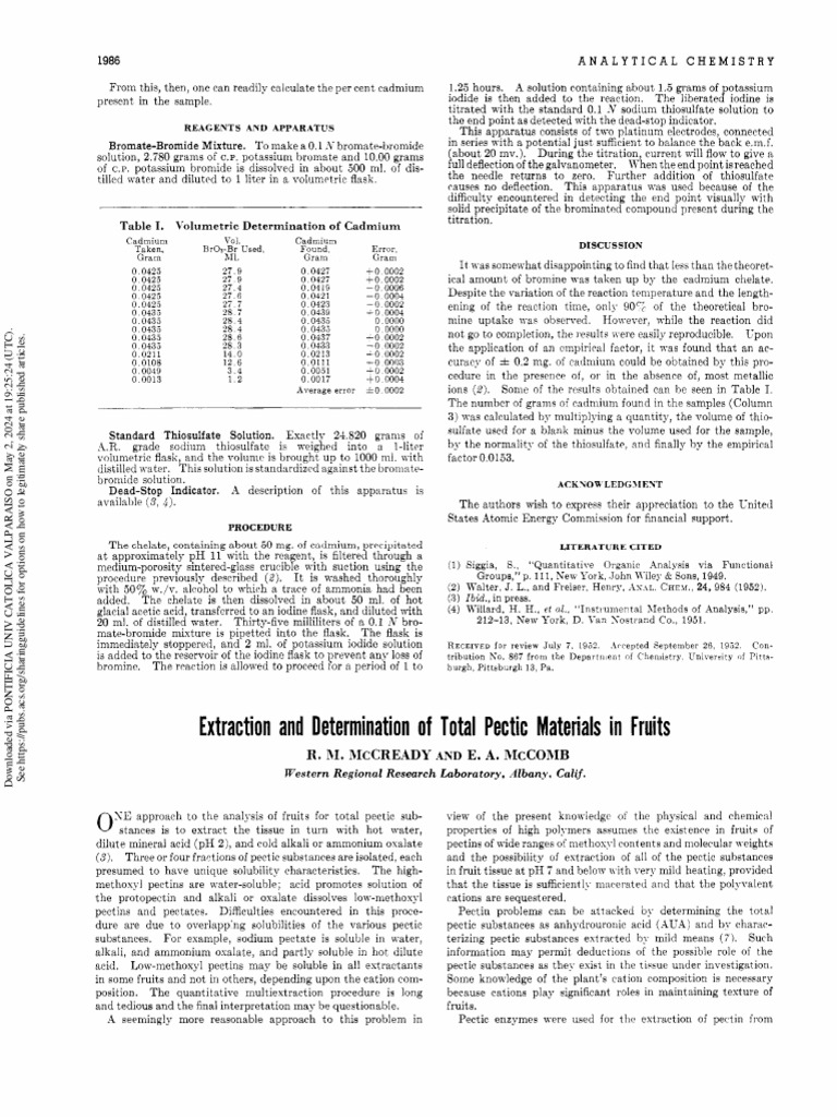 Mccready Mccomb 2002 Extraction and Determination of Total Pectic ...