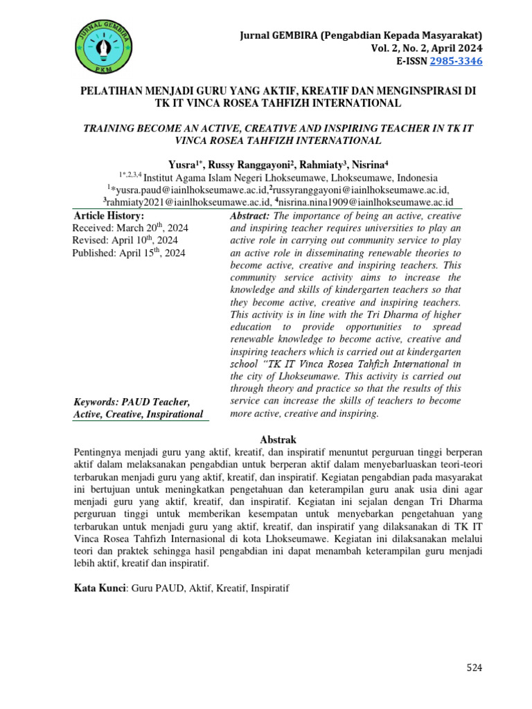 Training Become An Active, Creative and Inspiring Teacher in TK It Vinca Rosea Tahfizh ...