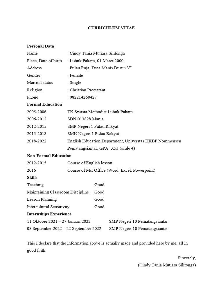 CV For Mentari Bangsa Medan | PDF