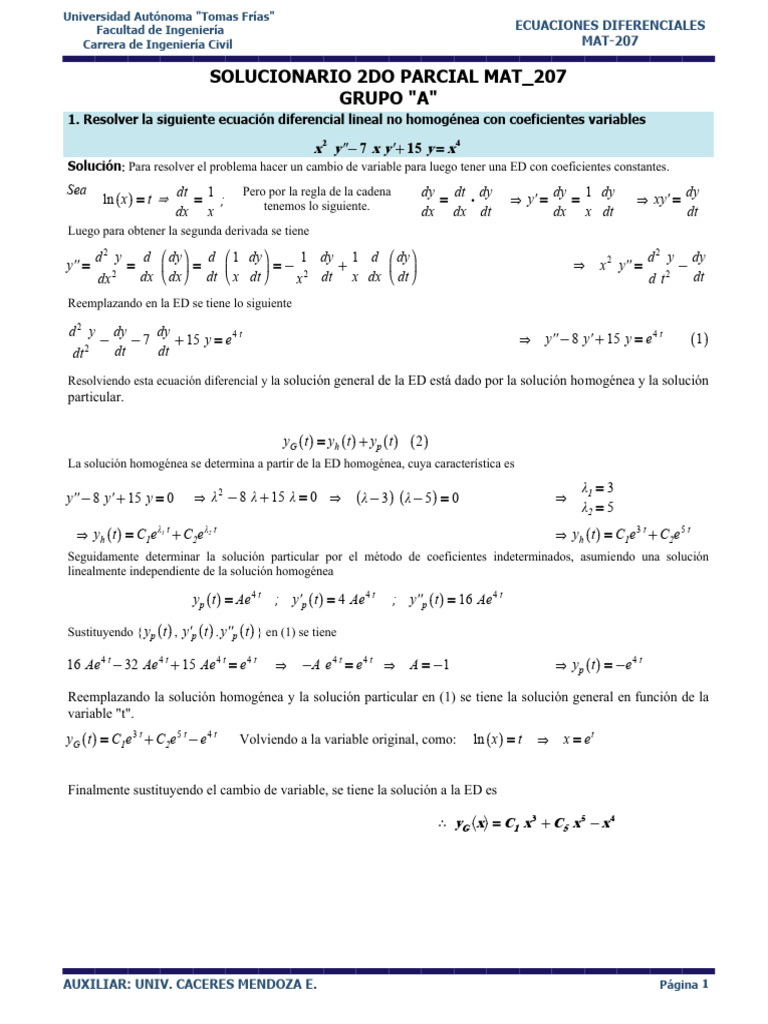 Solucionario 2D0 Parcial - G - A | PDF | Ecuaciones | Ecuaciones diferenciales