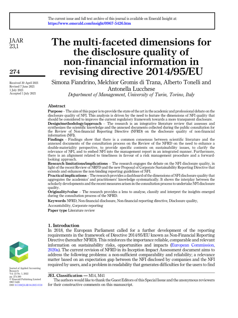 Fiandrino Et Al. 2021 - The Multi-Faceted Dimensions For The Disclosure Quality of Non-Financial ...