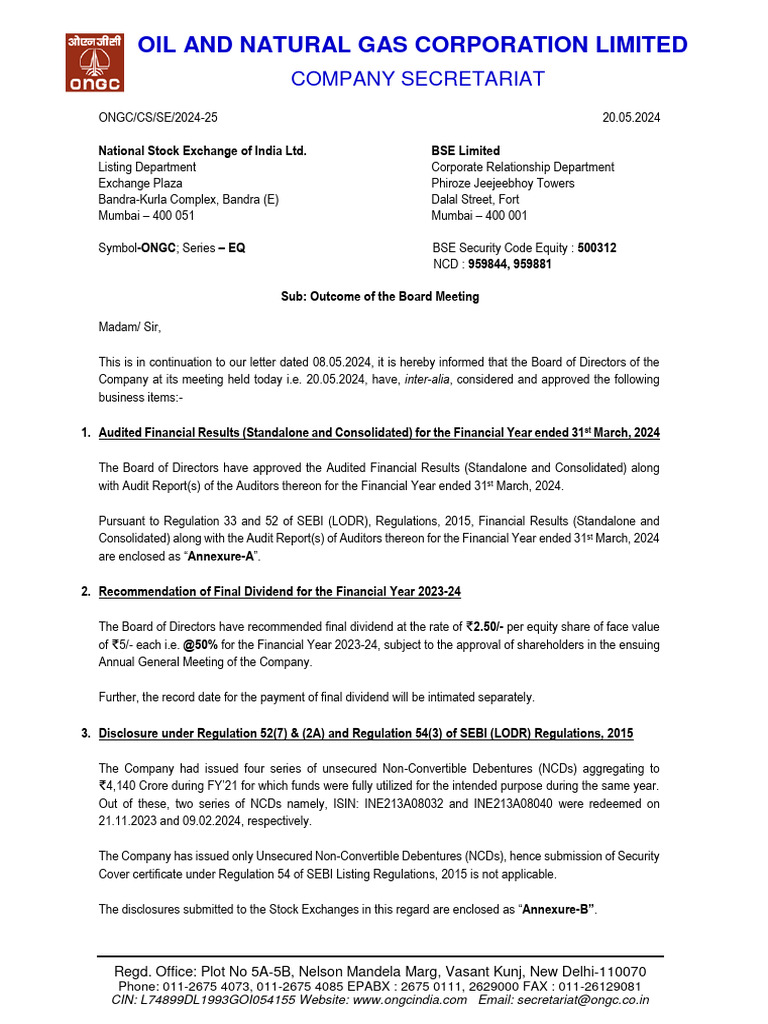 Oil and Natural Gas Corporation Limited: Company Secretariat | PDF ...