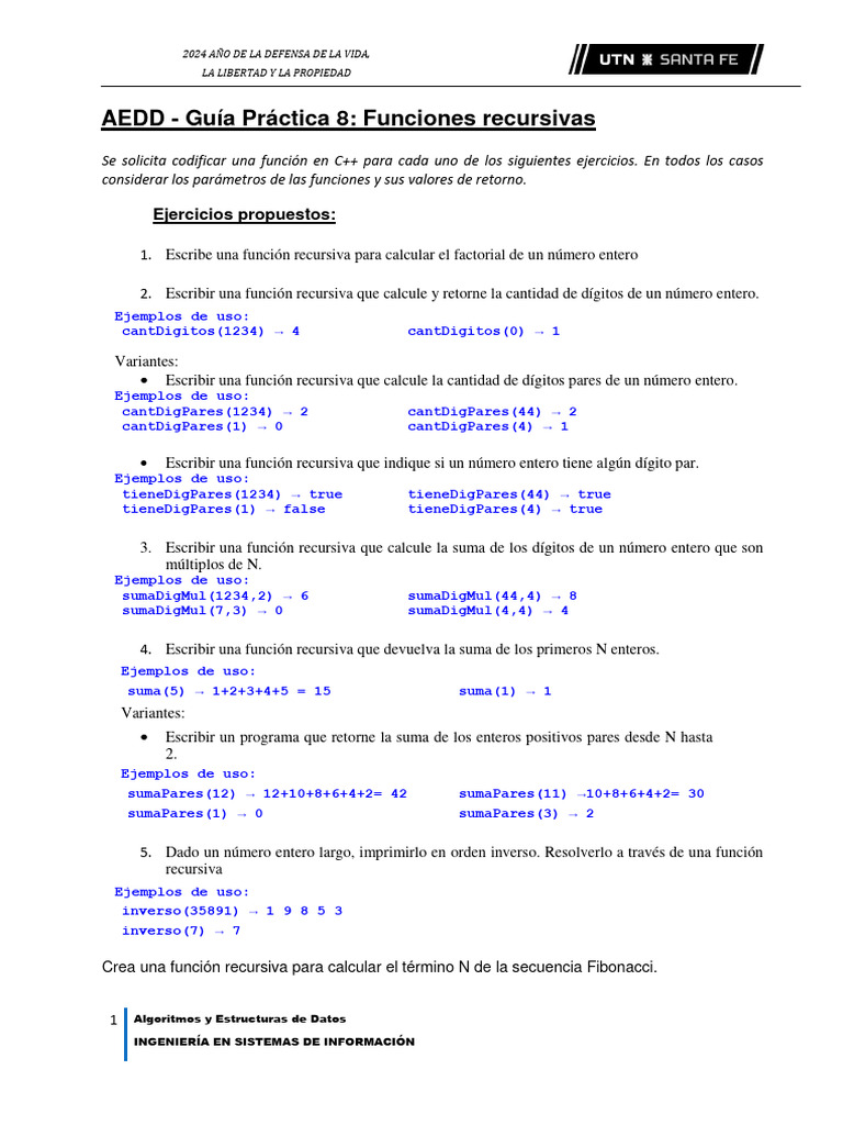 AEDD - Guía Práctica 8 - Funciones Recursivas | PDF | Función (Matemáticas) | Algoritmos