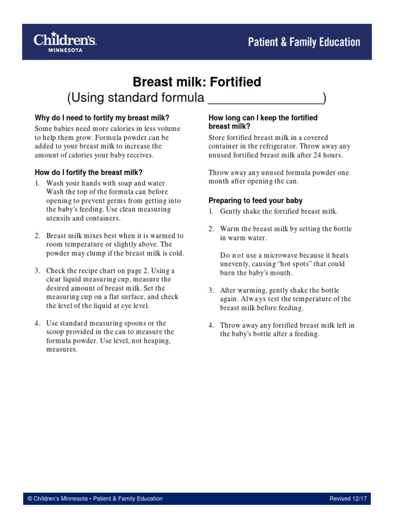 Breast Milk Fortified (Using 20 Cal Oz Standard Formula) | PDF ...