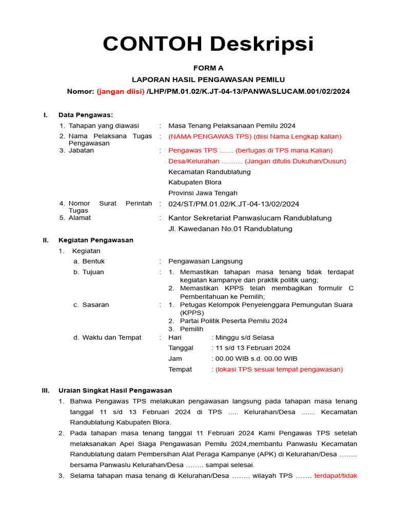 Contoh FORM A PTPS - PENGAWASAN MASA TENANG 11-13 Feb 2024 | PDF