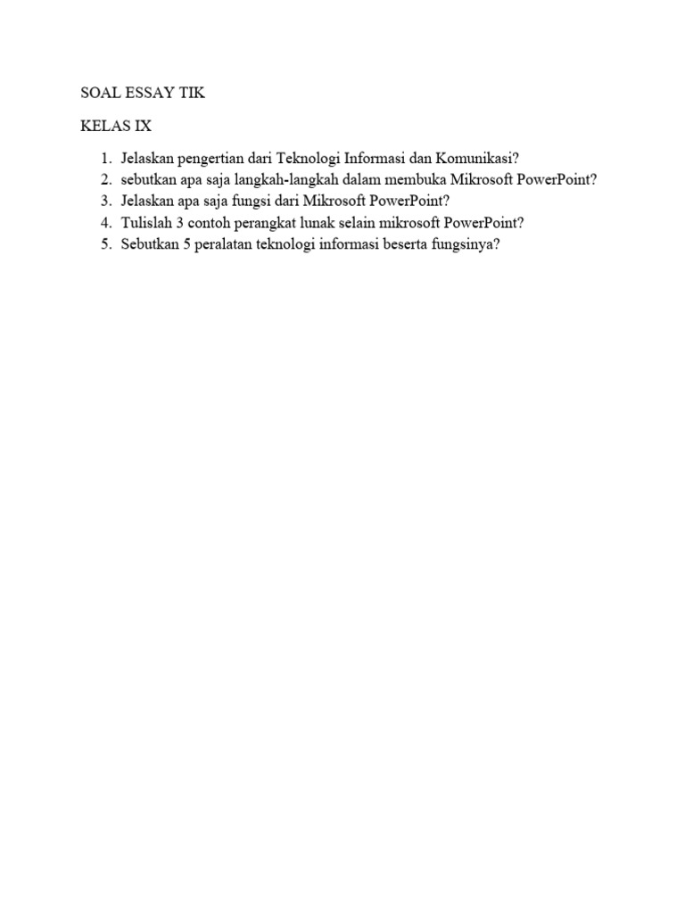 Soal Essay TIK Kelas 9 dan Jawaban | PDF | Ilmu Sosial | Komputer