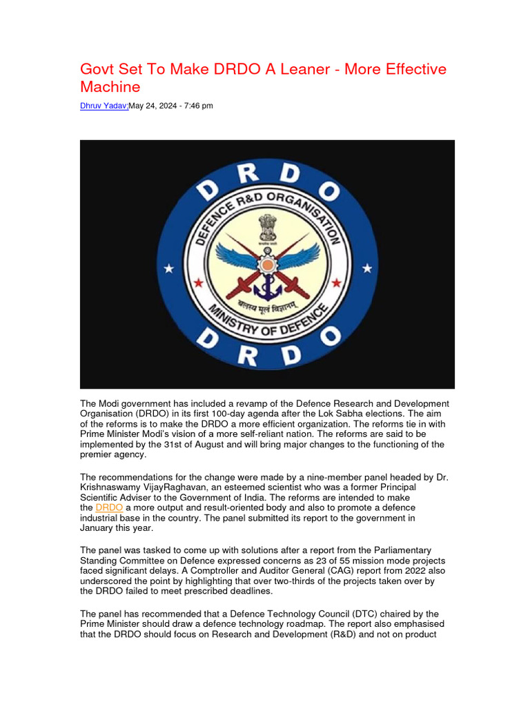 Govt Set To Make DRDO A Leaner - More Effective Machine | PDF | Finance ...