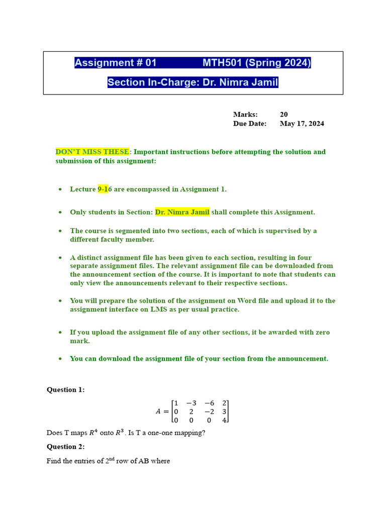 Assignment1-Dr. Nimra Jamil | PDF | Matrix (Mathematics) | Algebra
