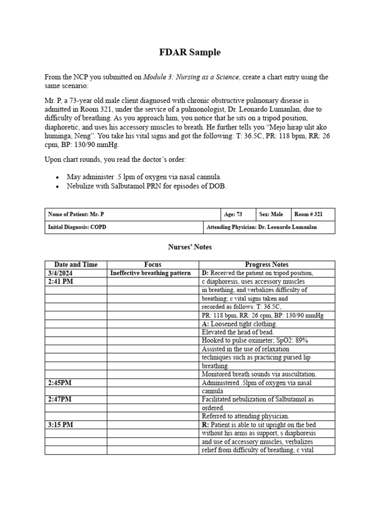 FDAR-Sample | PDF | Breathing | Clinical Medicine