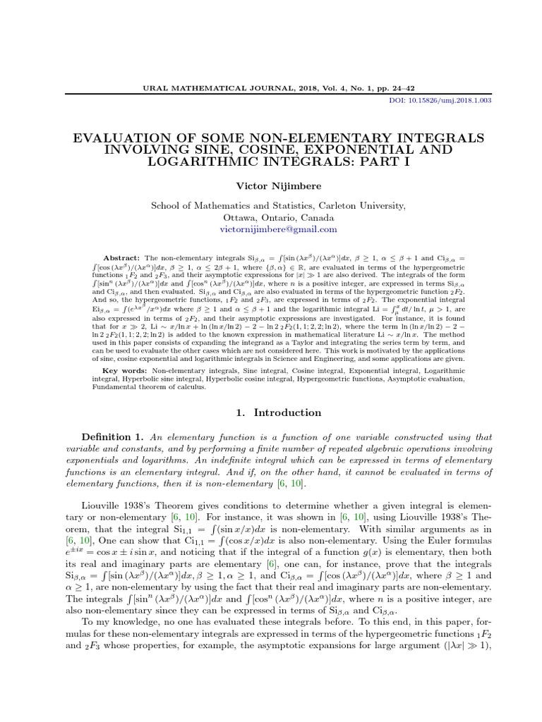 Evaluation of Some Non-Elementary Integrals Involv | PDF | Integral ...