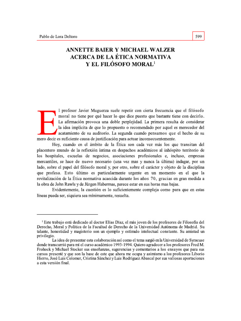 Pablo de Lora Deltorno, Annette Baier y Michael Walzer Acerca de La Ética Normativa y El ...