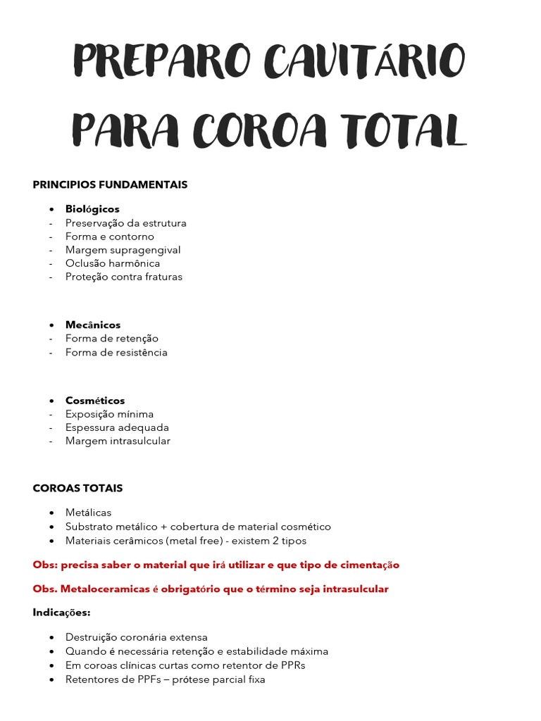 Preparo Cavitário para Coroa Total | PDF | Odontologia | Dente