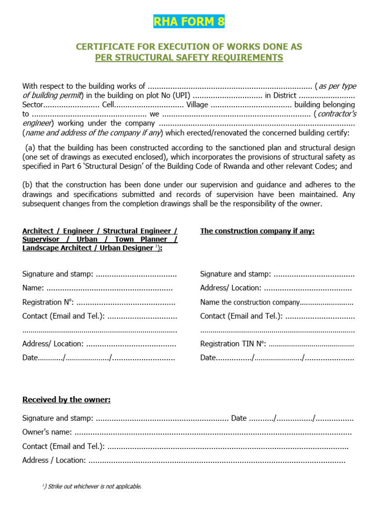 RHA FORM 8 Certification of Work Done Contractor | PDF