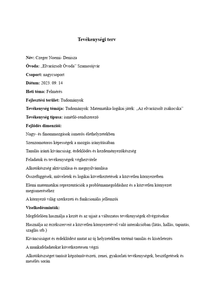 Tevékenységi Terv | PDF