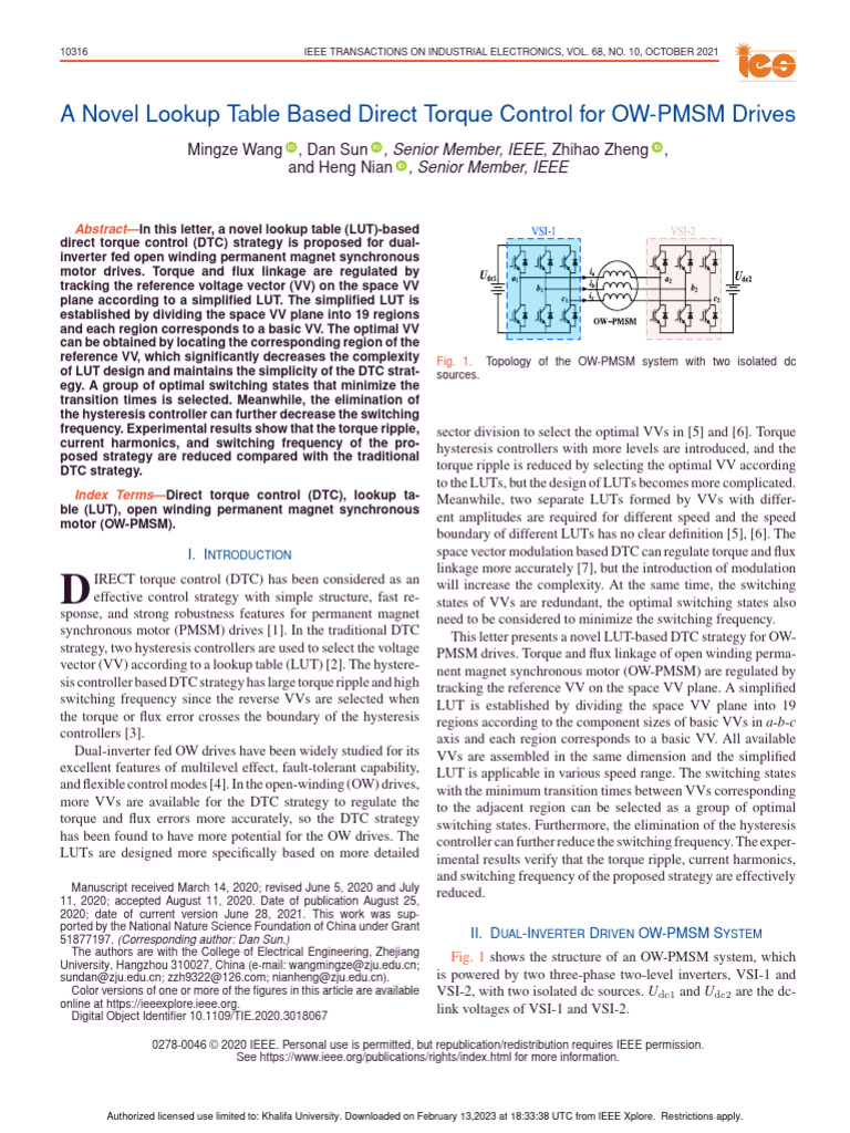 A Novel Lookup Table Based Direct Torque Control For OW-PMSM Drives ...