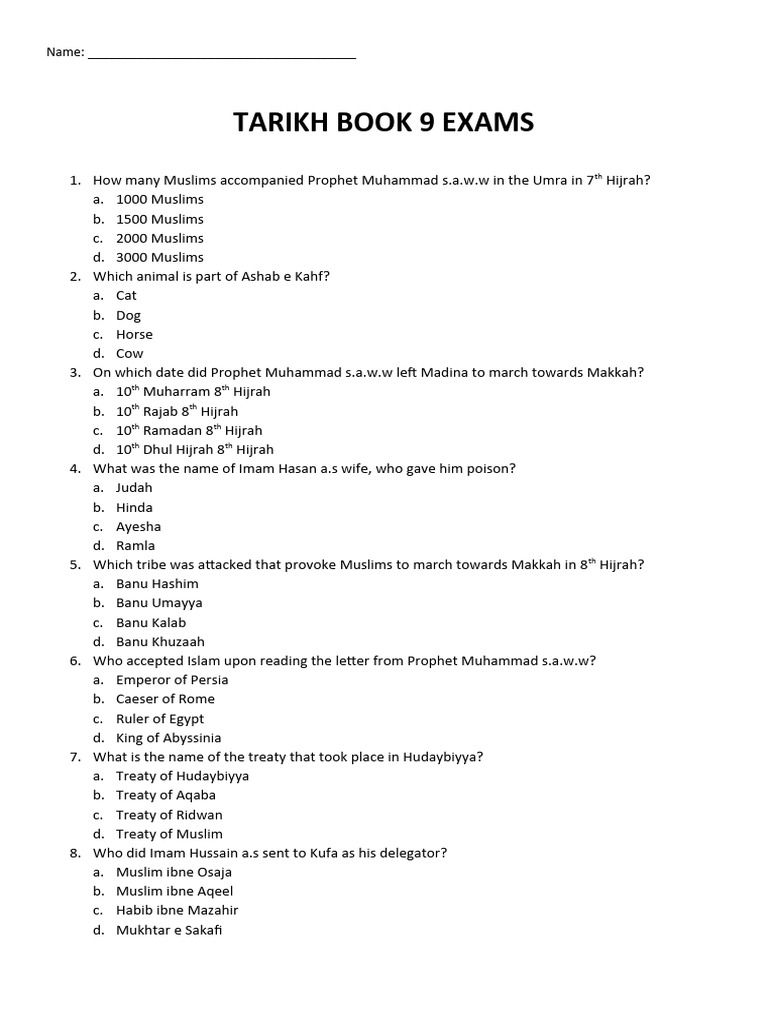 Tarikh Book 9 Exam-1 | PDF | Muhammad | Husayn Ibn Ali
