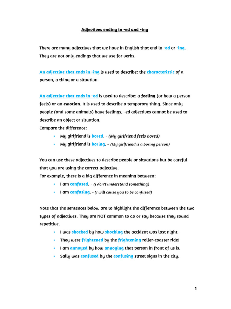 Adjectives Ending in - Ing or - Ed | PDF | Adjective | Syntax