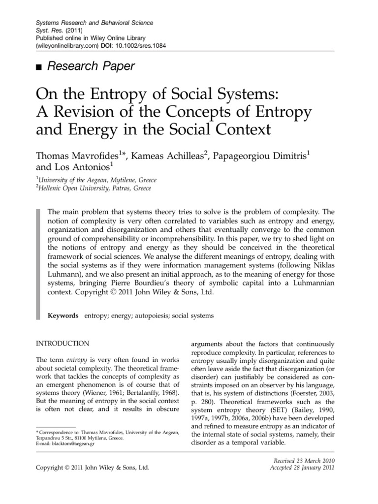 17.on The Entropy of Social Systems A Revision of The Concepts of Entropy and Energy in The ...