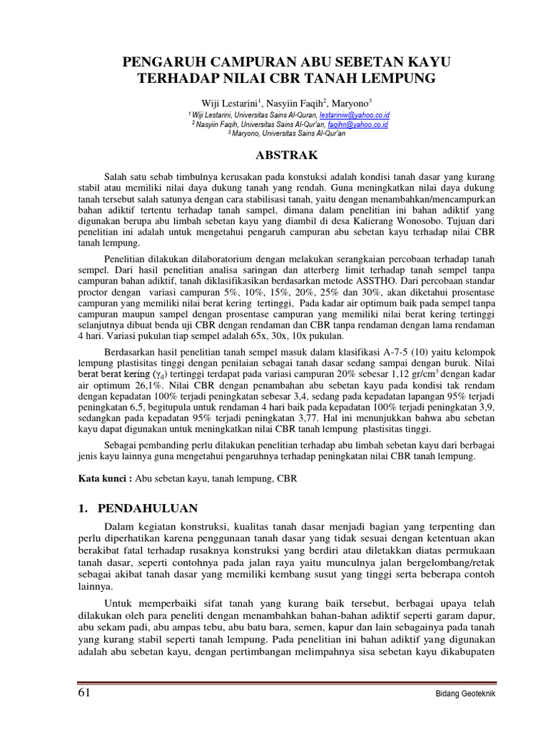 Pengaruh Campuran Abu Sebetan Kayu Terhadap Nilai CBR Tanah Lempung | PDF | Sains & Matematika