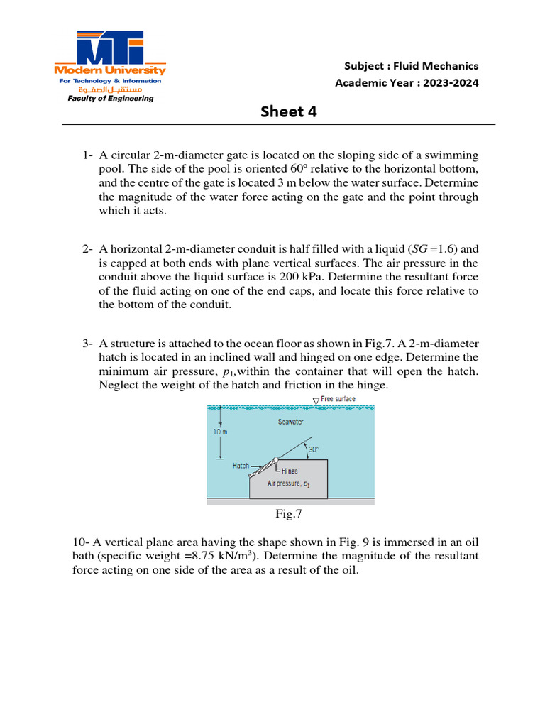 sheet 4 fluid mechanics (2) | PDF | Pressure | Force