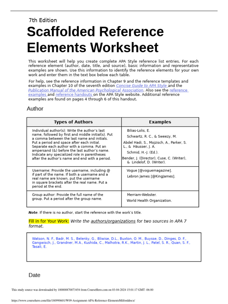 APA Reference Guide Worksheet | PDF | Apa Style | Bracket