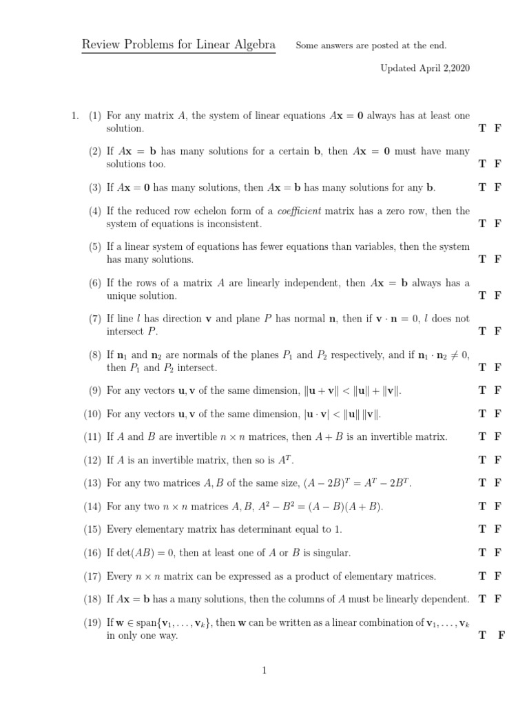 Linear Algebra Practice Problems | PDF | System Of Linear Equations ...