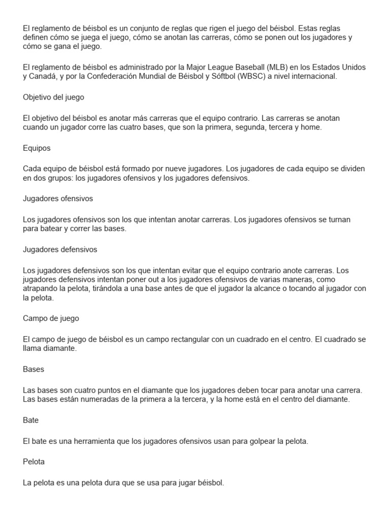 El Reglamento de Béisbol Es Un Conjunto de Reglas Que Rigen El Juego ...