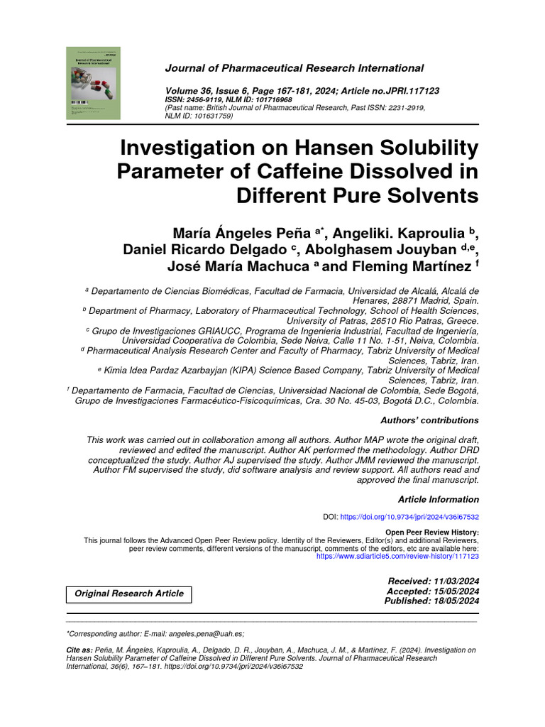 Caffeine Solubility and Hansen Parameters | PDF | Differential Scanning ...