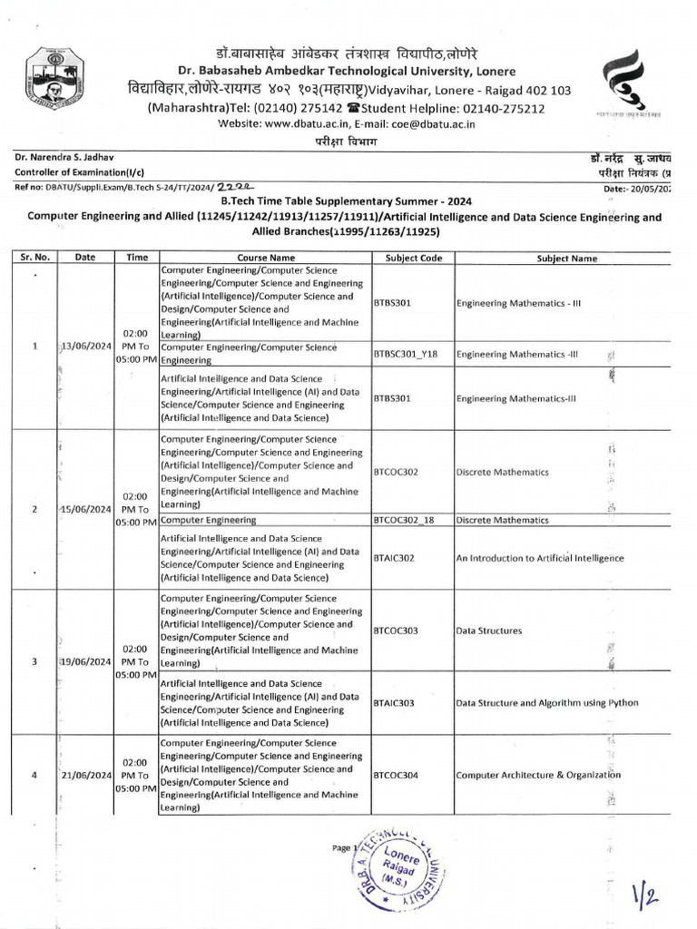 B.tech Supplementary Sem 3 Time Table | PDF