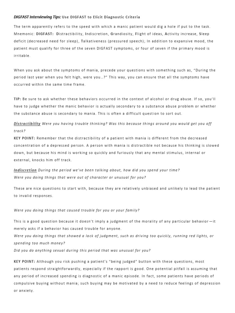 DIGFAST Interviewing Tips Use Digfast To Elicit Diagnostic Criteria | PDF