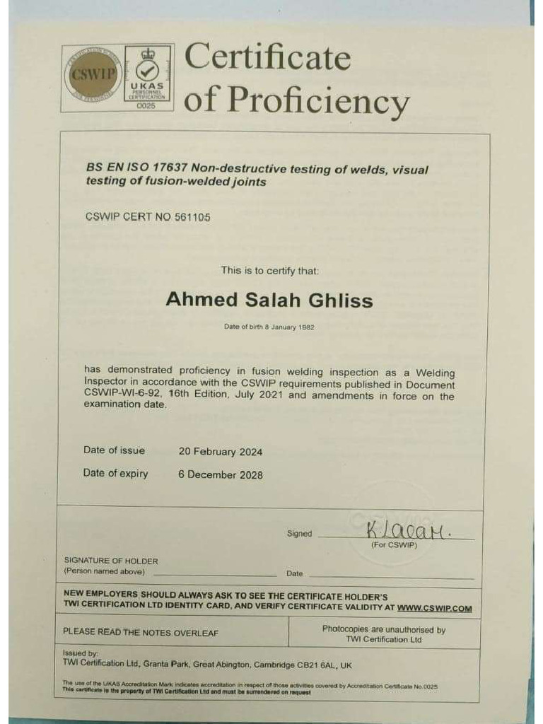 Certificate CSWIP Valide | PDF