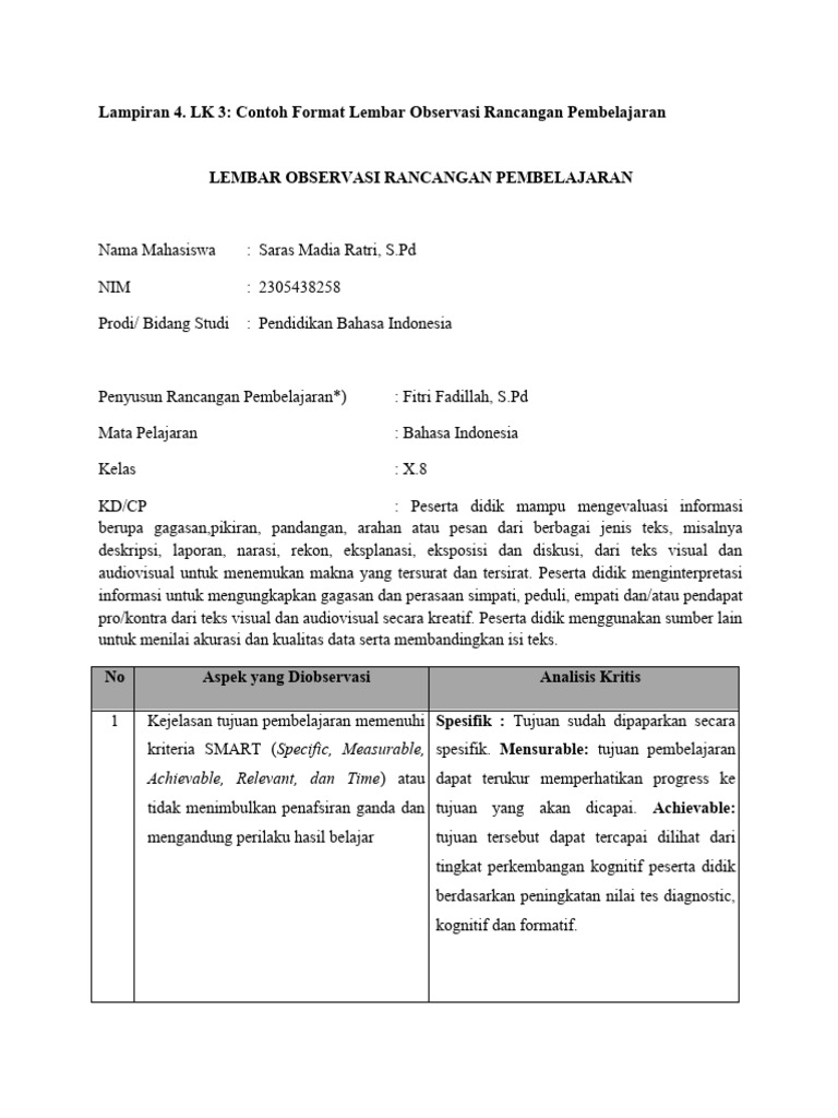 Lampiran 4. LK 3 Contoh Format Lembar Observasi Rancangan Pembelajaran ...