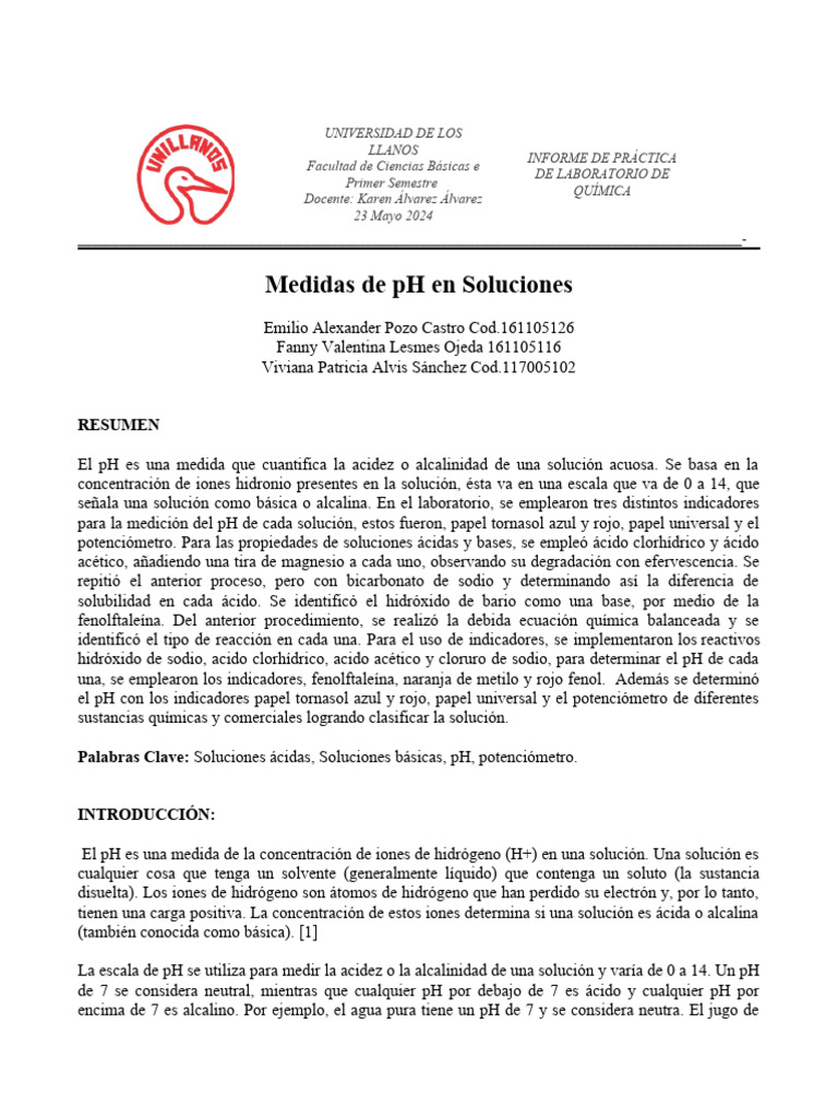 INFORME MEDIDA DE pH SOLUCIONES. | PDF | Ph | Ácido