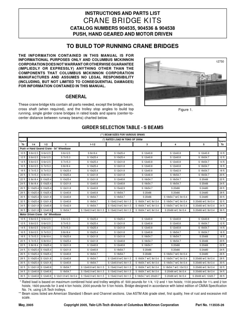 YALE_CRANE_COMPONENT_-BRIDGE_KITS_904535__904536__904538_MANUALS | PDF | Beam (Structure ...