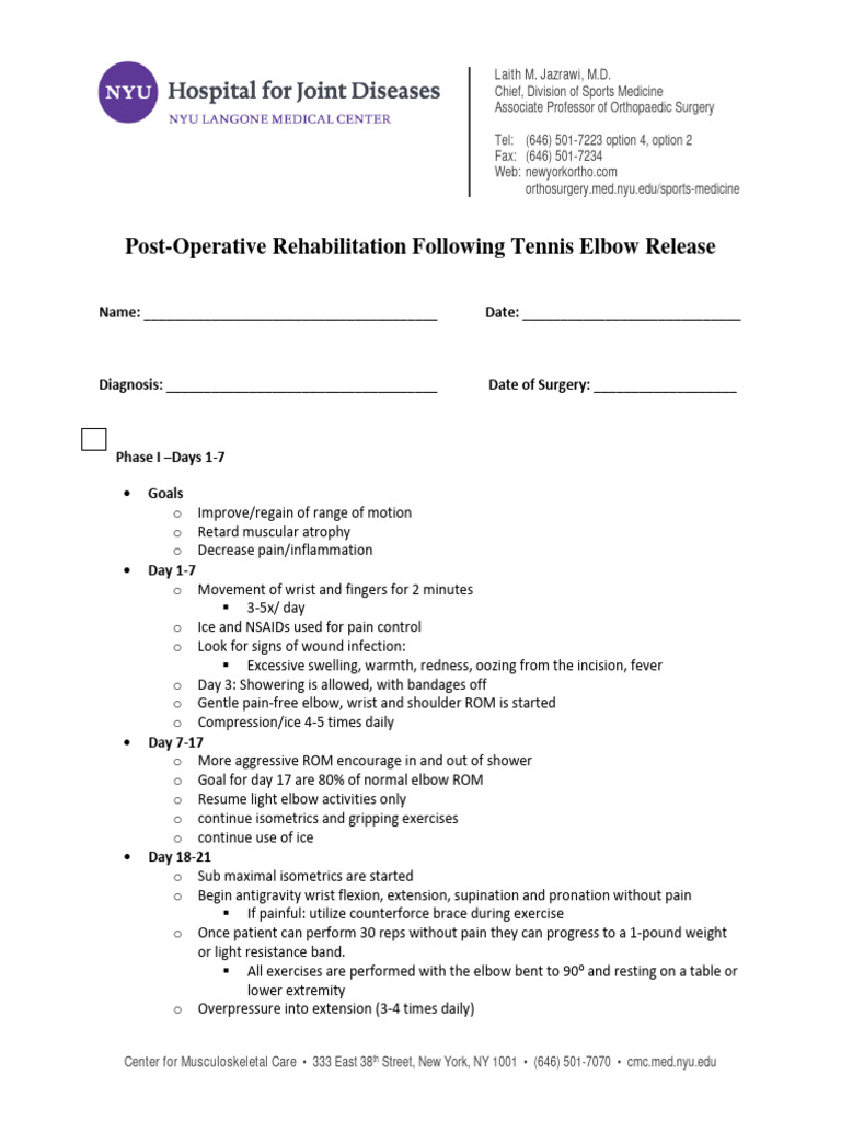 Post-Op Rehab for Tennis Elbow Release | PDF | Elbow | Anatomical Terms ...