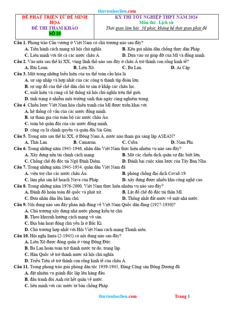 De Thi Thu TN THPT 2024 Lich Su Phat Trien Tu de Minh Hoa de 10 | PDF