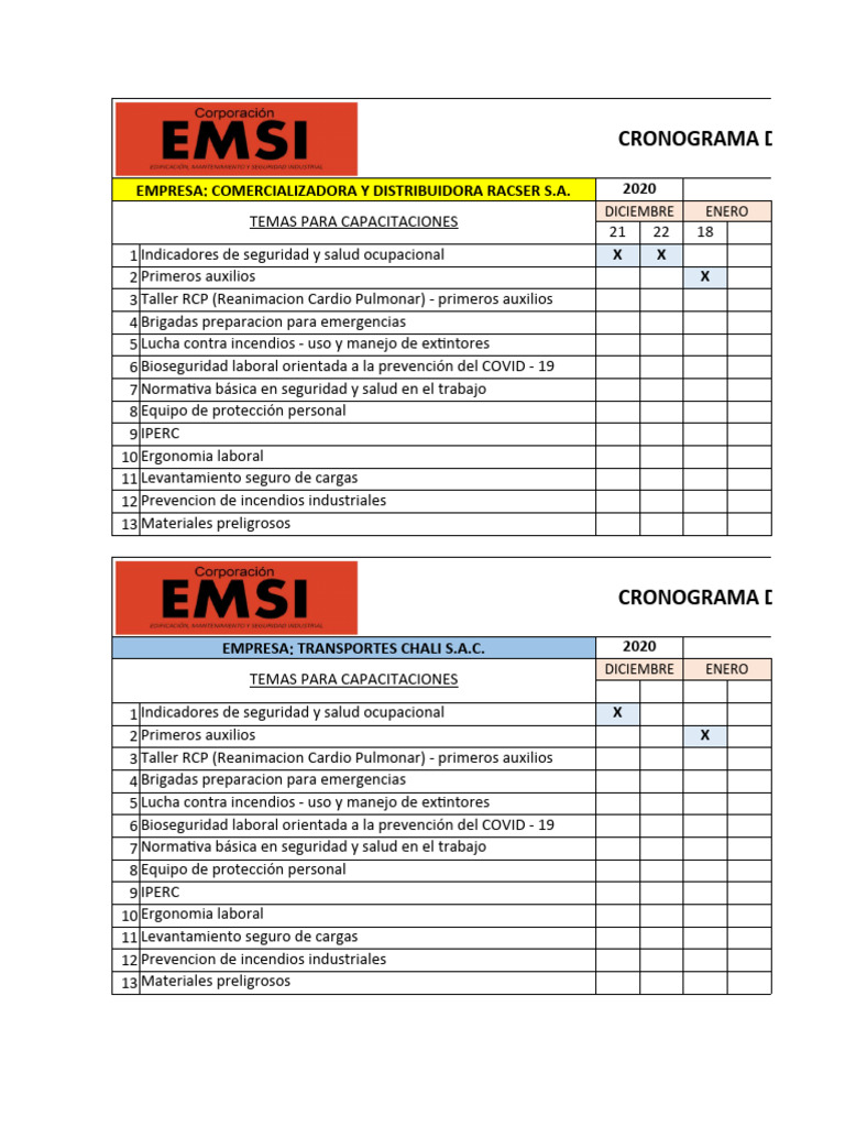 Cronograma de Capacitación Anual para Trabajadores - Grupo Chali | PDF | Protección contra ...