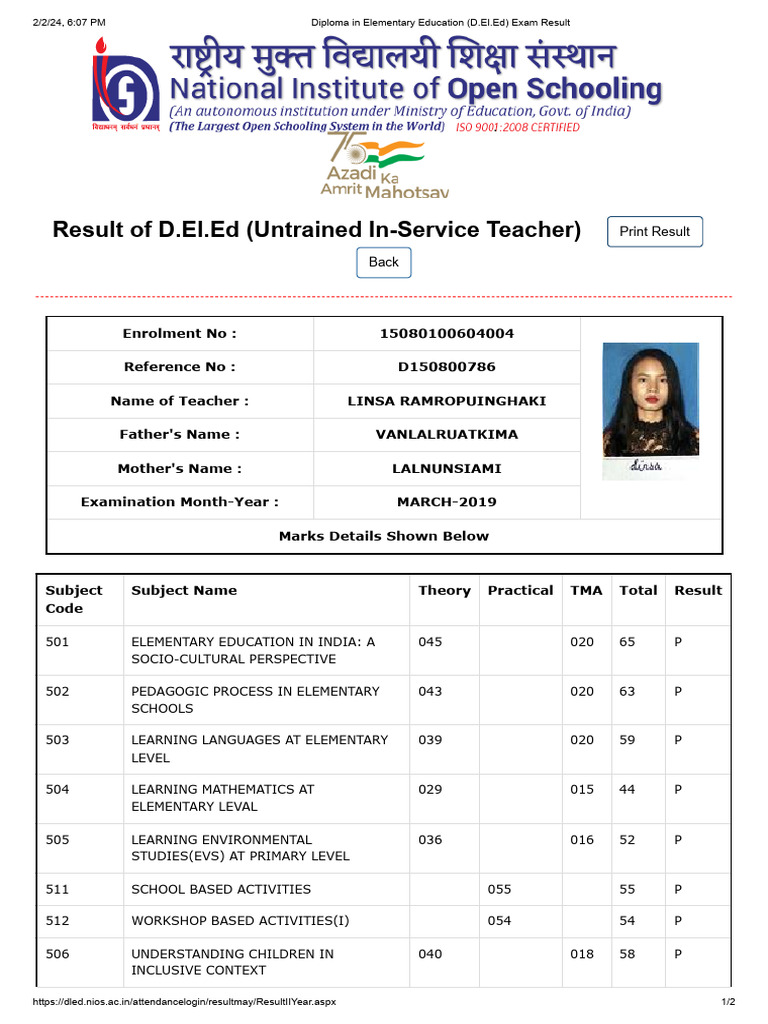 Diploma in Elementary Education (D.El - Ed) Exam Result | PDF ...