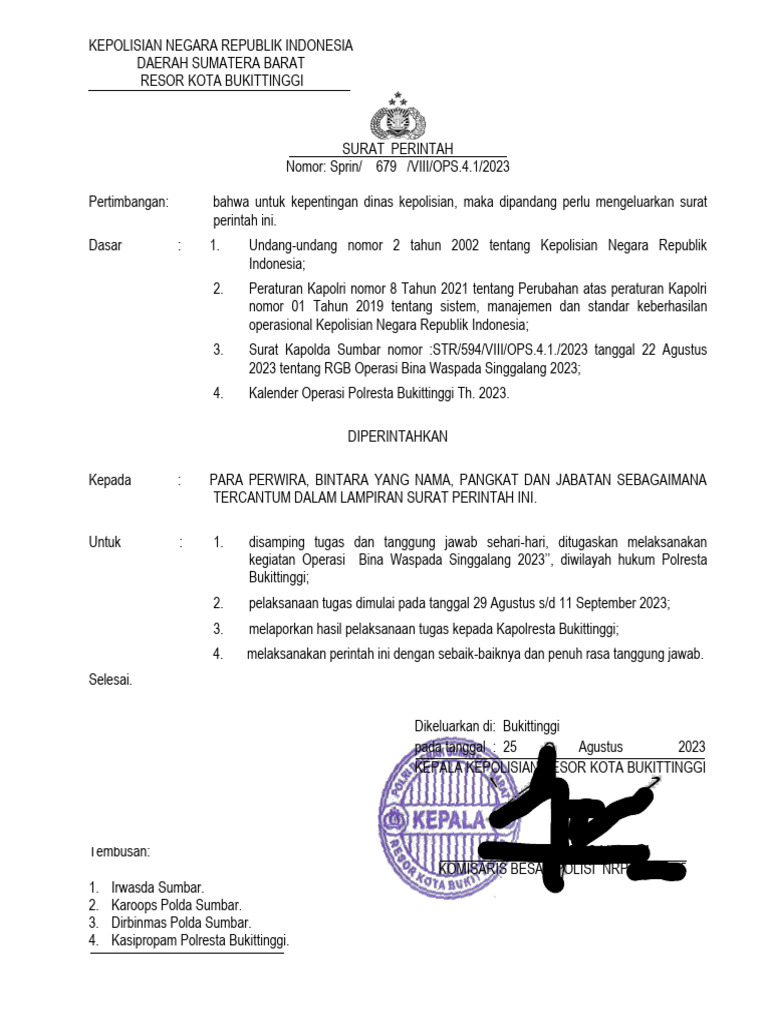 Contoh Sprin Ops Bina Waspada SGL 2023 | PDF