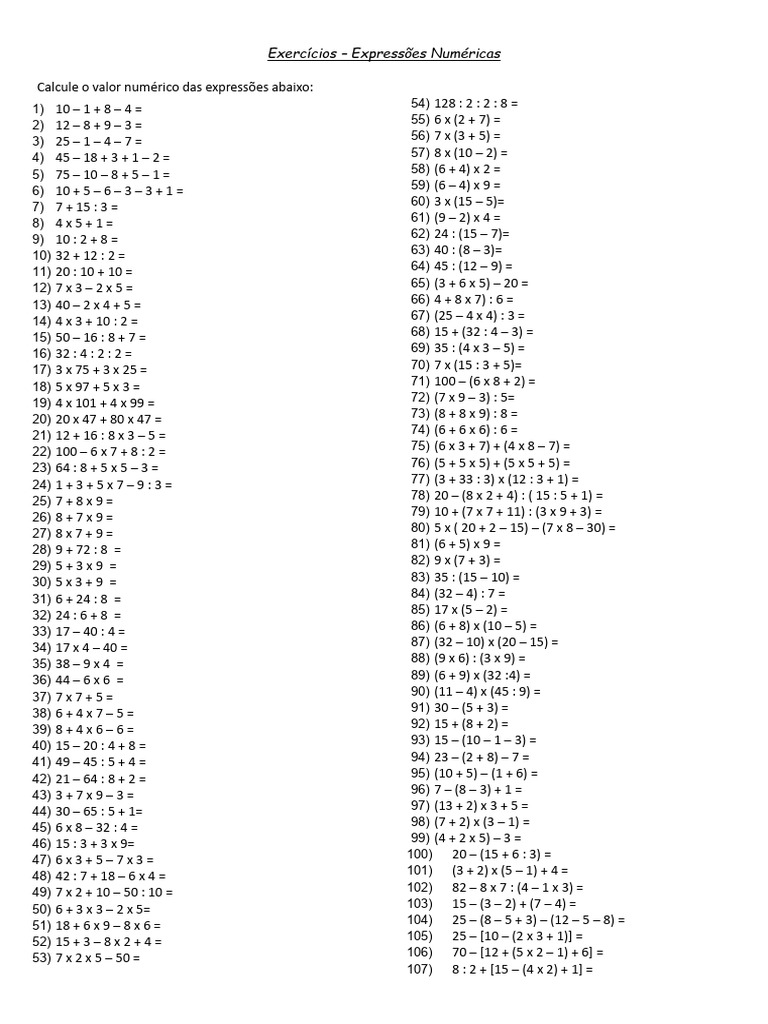 Lista de Exercícios - Expressões Numéricas | PDF