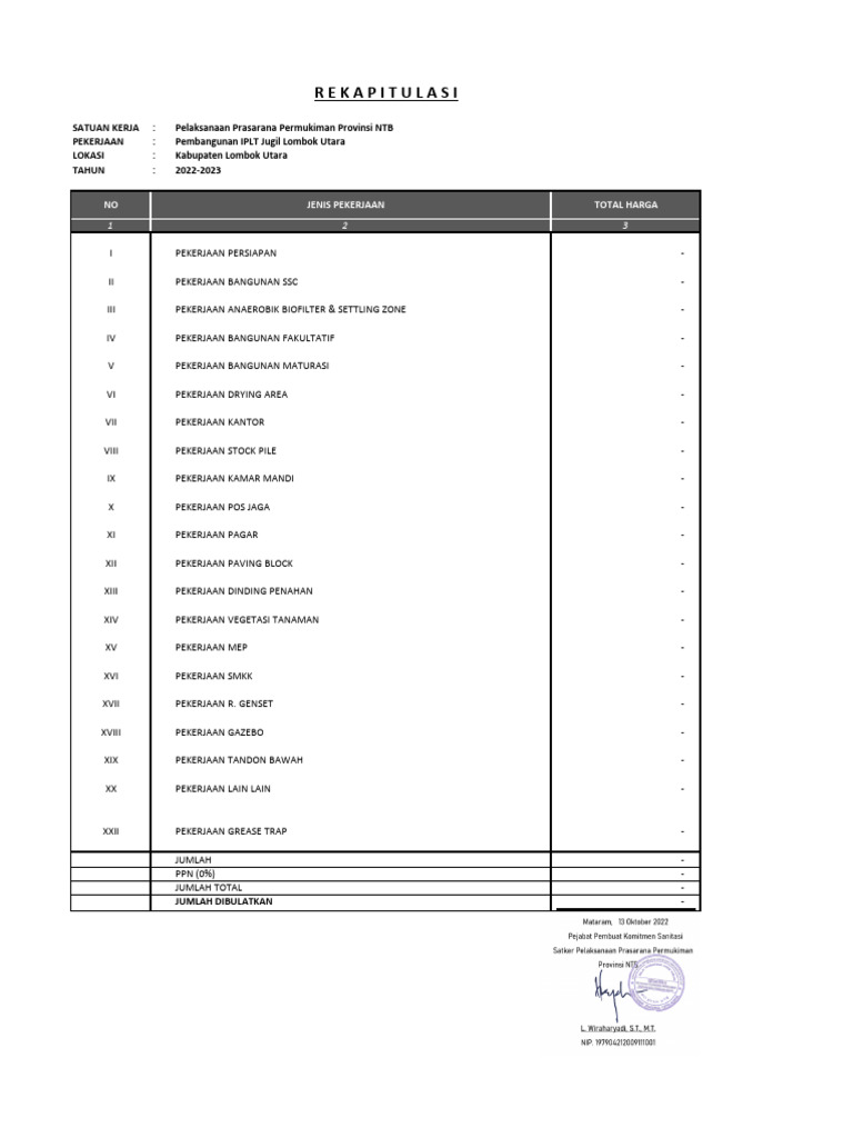 Boq Pembangunan Iplt Jugil Lombok Utara | PDF