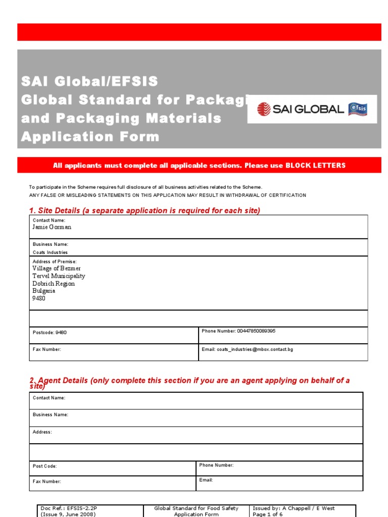 Packaging Certification Application Form | PDF | Packaging And Labeling ...
