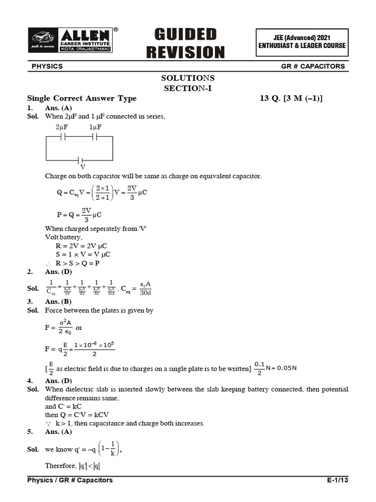 15 - GR (Capacitors) - Solution Allen Important Questions | PDF | Capacitor | Capacitance