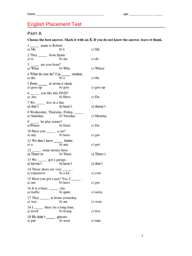 English Placement Test | PDF | Teaching Methods & Materials | Home & Garden