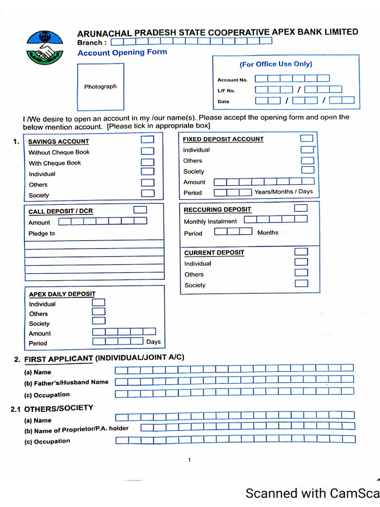 Arunachal Pradesh State Cooperative Bank Account Opening Form | PDF